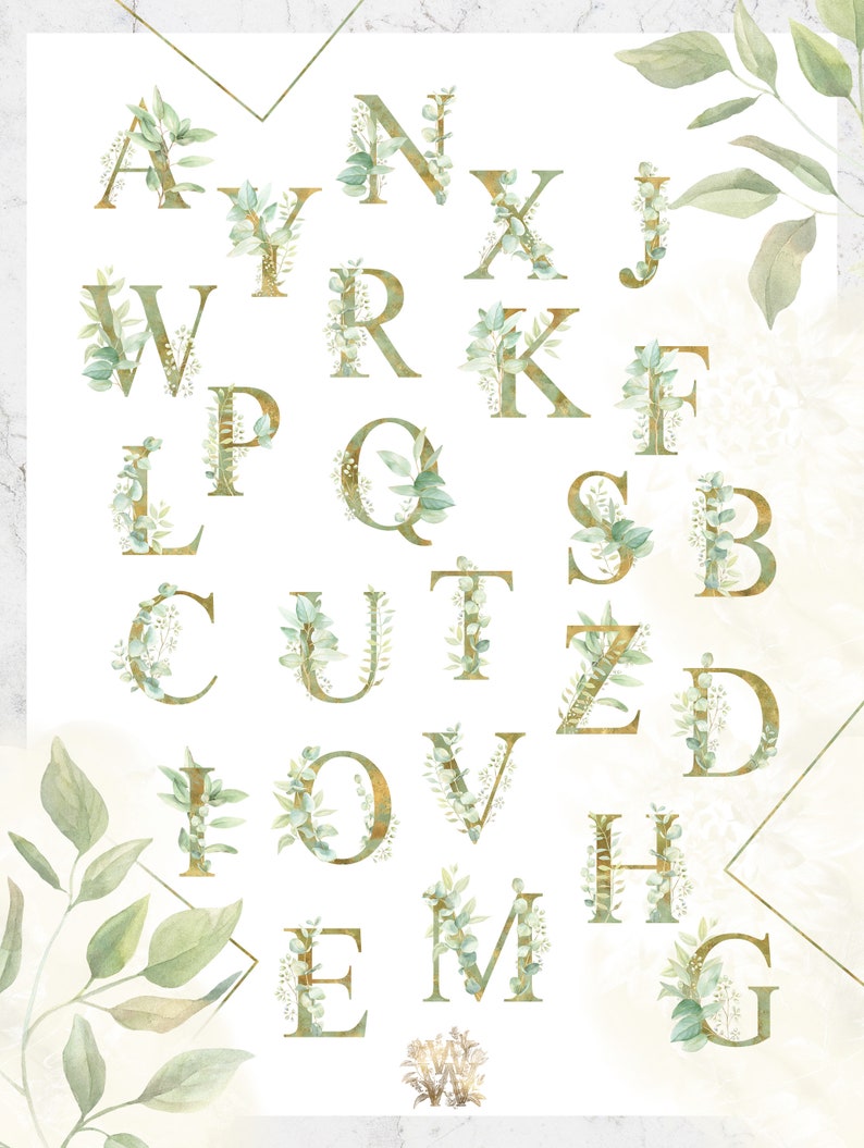 Watercolor Greenery Alphabet Clipart: Goldand Green Eucalyptus Monogram (PNG) - Etsy
