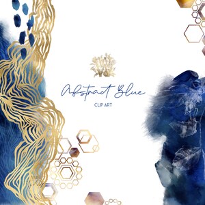 Blue and Gold Watercolor Shapes Clipart: Abstract Collage (digital ...