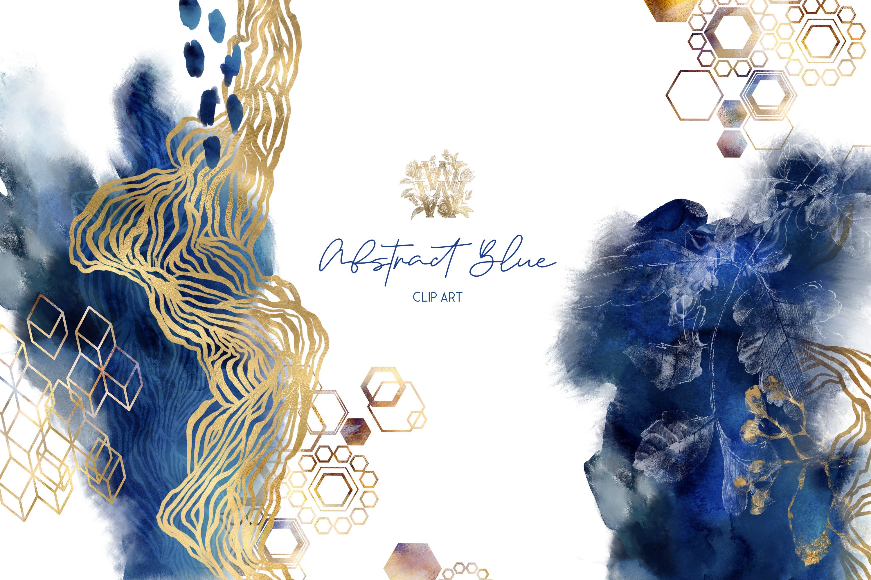 Blue and Gold Watercolor Shapes Clipart: Abstract Collage (digital ...