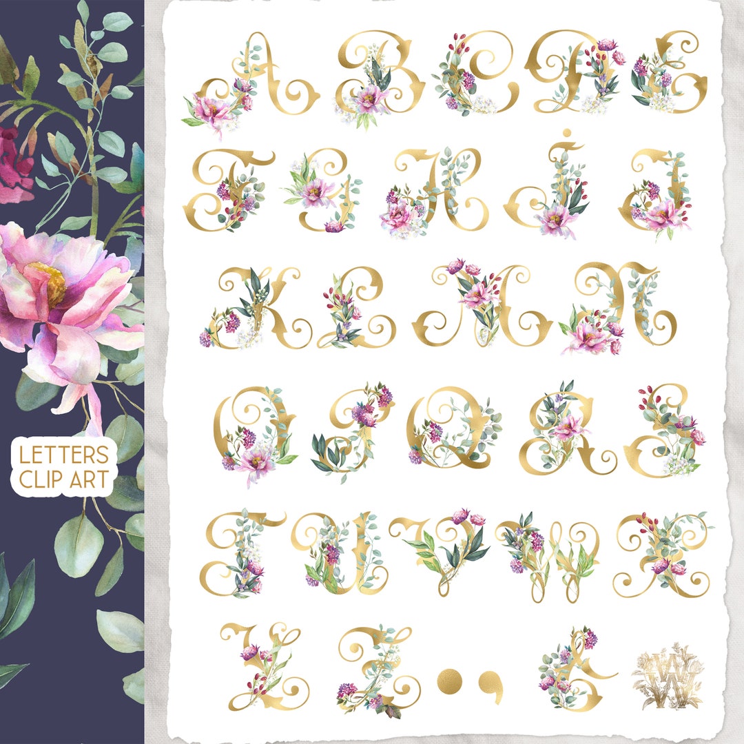 Gold Foil Floral Alphabet Clipart, Watercolor Flower Letters Clip Art ...