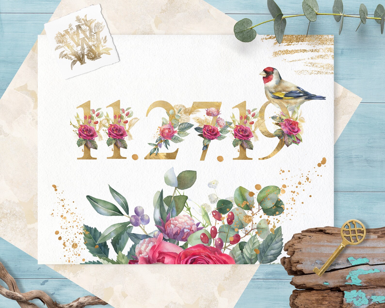 Watercolor Floral Alphabet Clipart: Gold Letters, Red Roses (PNG ...