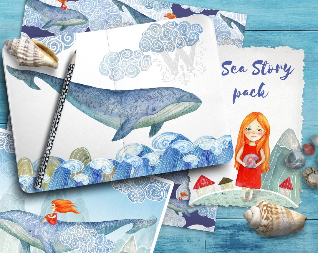 Watercolor Princess Girl With Blue Whale Clipart, Whimsical Sea Clip ...