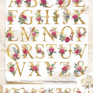 Watercolor Floral Alphabet Clipart: Gold Letters, Red Roses (PNG ...