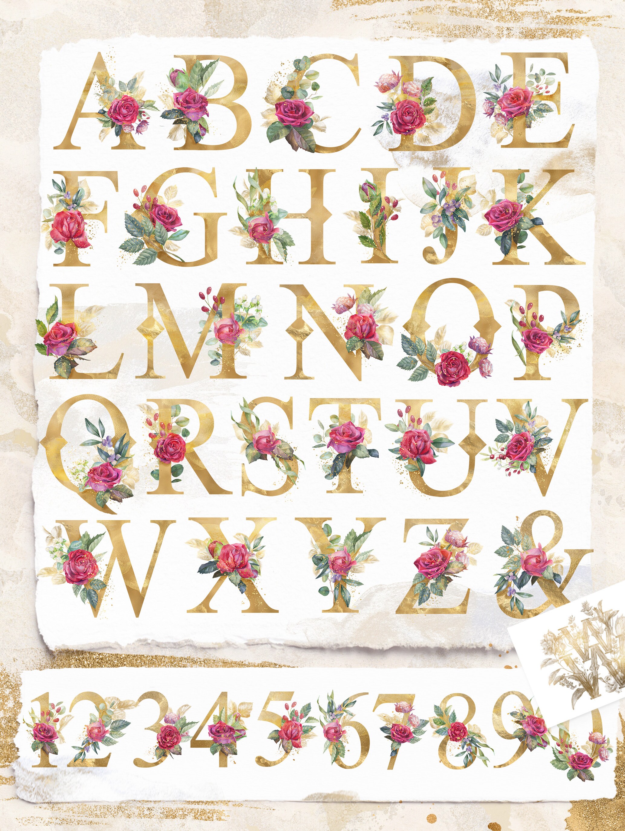 Watercolor Floral Alphabet Clipart Gold Letters Clip Art - Etsy
