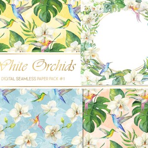 Tropical Flower Digital Paper Pack, Watercolor White Orchid, Wedding ...
