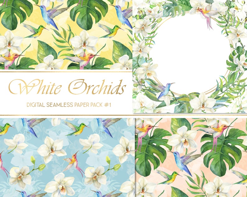 Tropical Flower Digital Paper Pack Watercolor White Orchid - Etsy