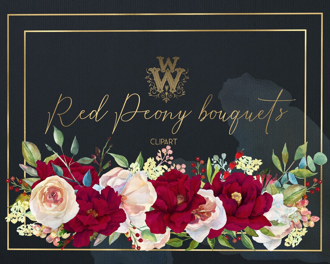 Red Floral Border Clipart, Watercolor Peonies Clip Art, Peony Png ...