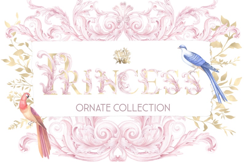 Watercolor Princess Clipart Bundle: Pink & Gold Baroque Ornaments (PNG ...