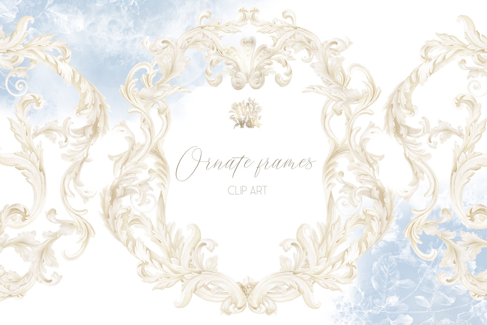 Watercolor Baroque Frames Clip Art, Ornaments Clipart, Vintage ...