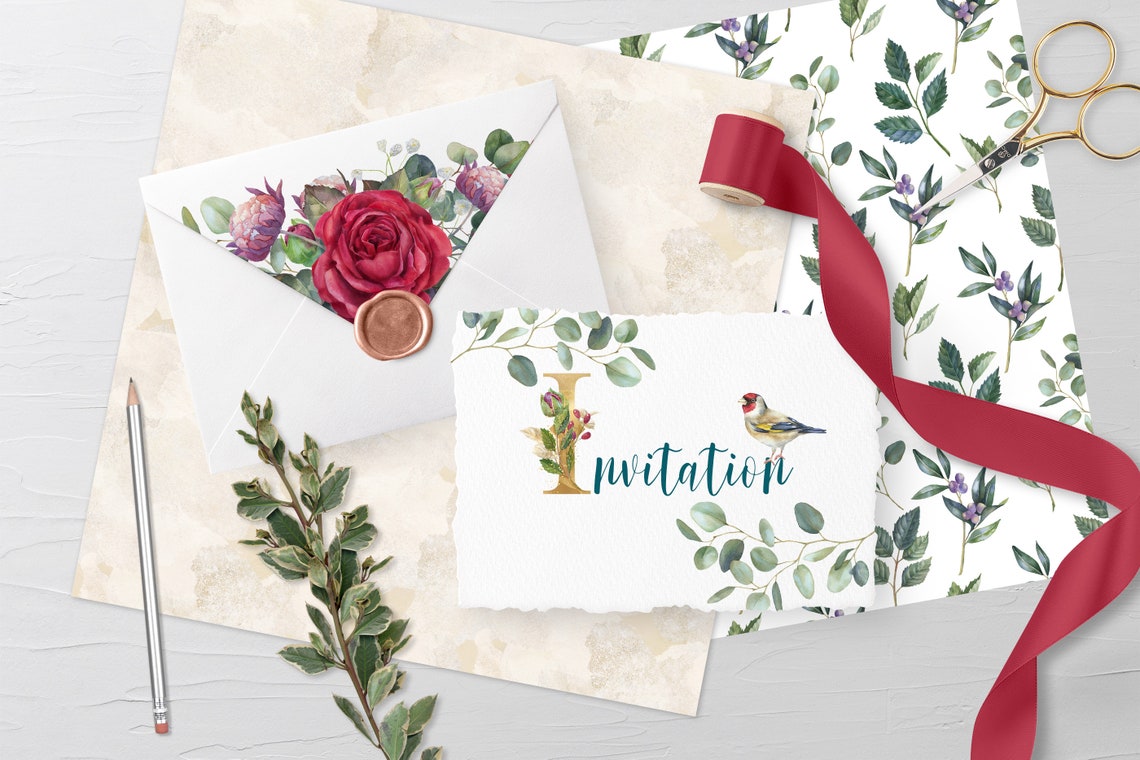 Watercolor Floral Alphabet Clipart: Gold Letters, Red Roses (PNG ...