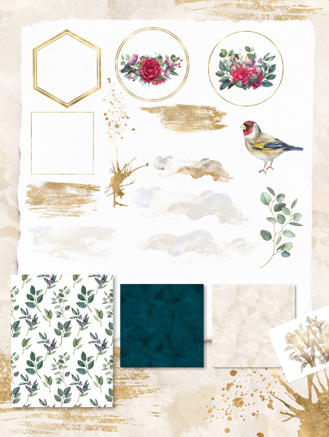 Watercolor Floral Alphabet Clipart: Gold Letters, Red Roses (PNG ...
