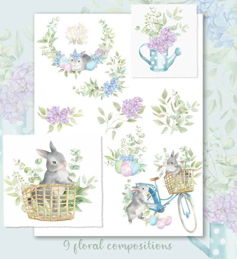 Easter Bunny Watercolor Clipart, Hand-drawn Spring Elements, Garden ...