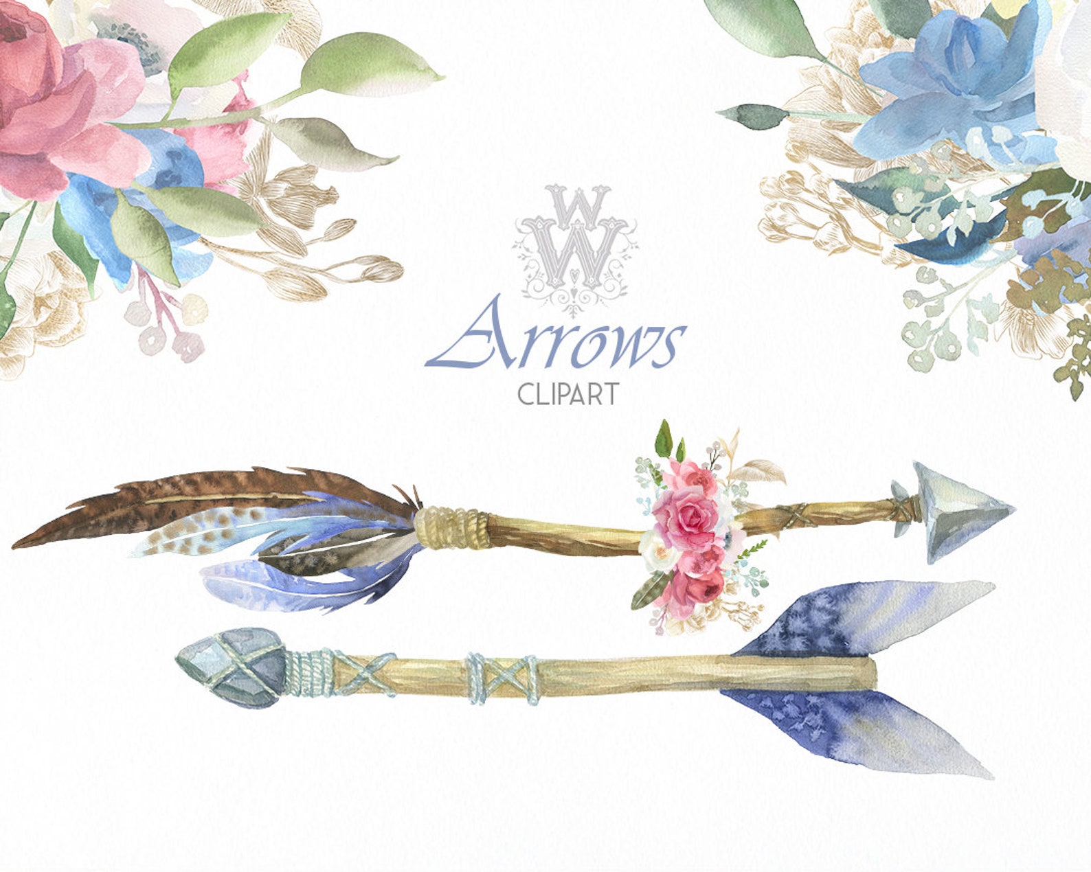 Boho Watercolor Arrow Clipart – Hand-painted Floral Arrows & Feathers ...
