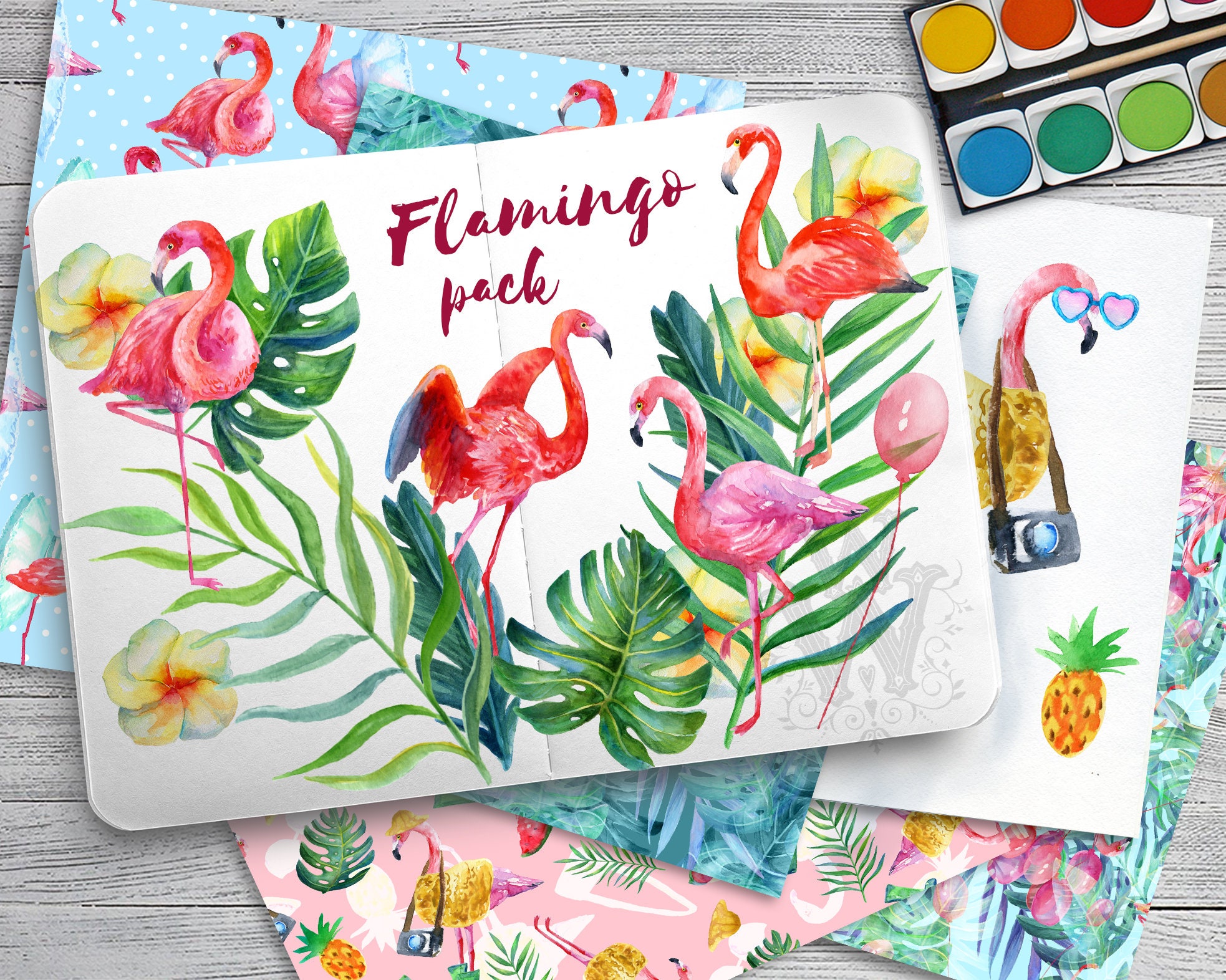 Watercolor pink Flamingo clipart Tropical summer beach Clip | Etsy