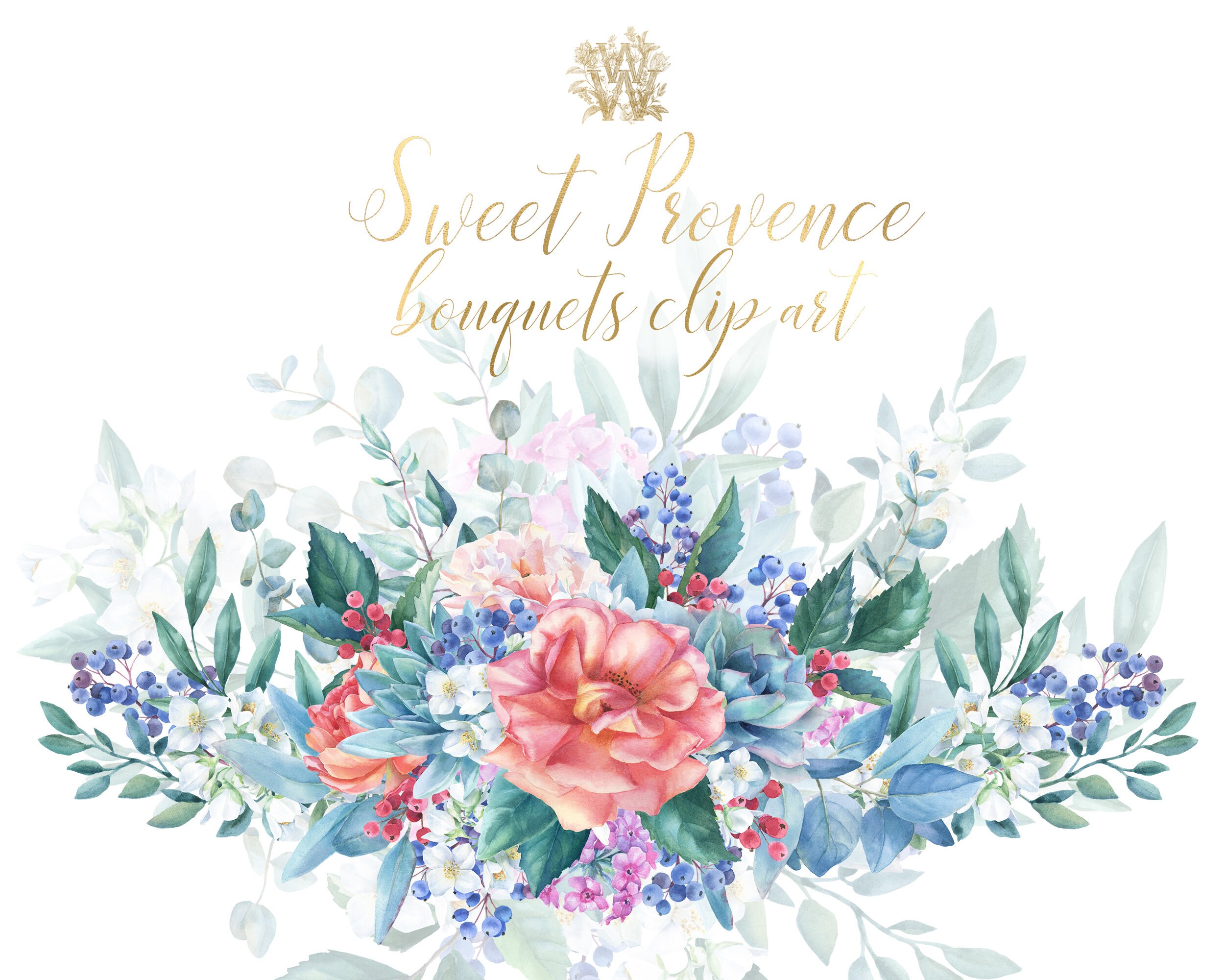 Peach Floral Wedding Bouquets Clip Art Watercolor Rose Flower | Etsy