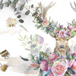 Pink Floral Border Clipart, Watercolor Boho Deer Clip Art, Wildflower ...