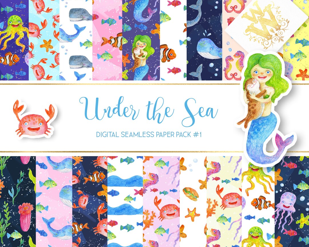 Watercolor Sea Ocean Digital Paper, Kids Party Seamless Backdrop ...