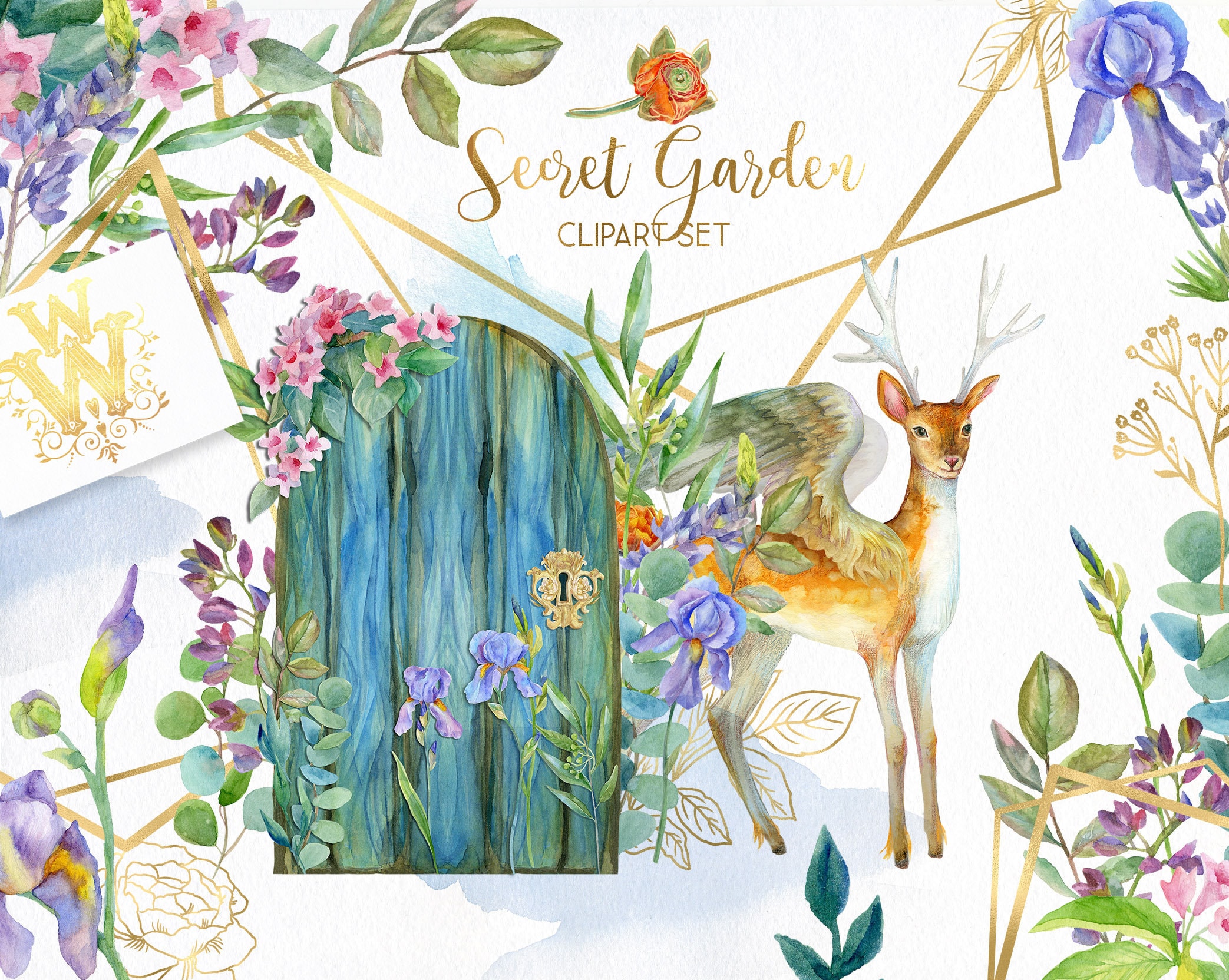 Secret garden watercolor floral clipart magic fantasy deer | Etsy