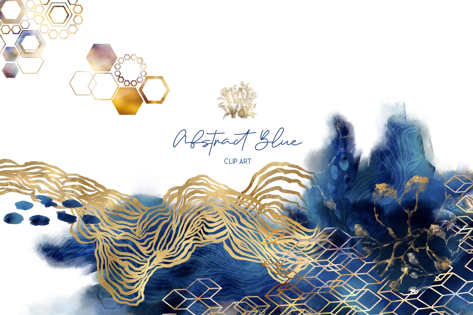 Blue and Gold Watercolor Shapes Clipart: Abstract Collage (digital ...