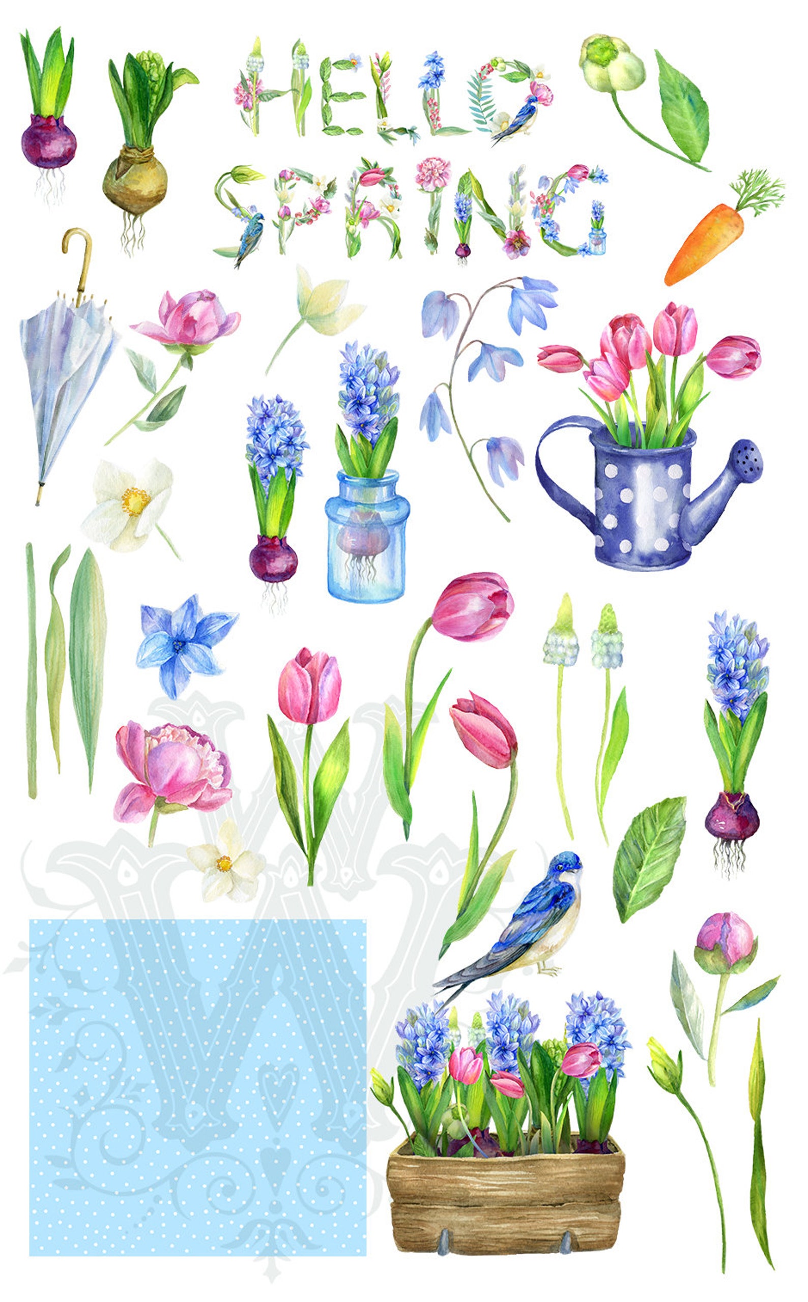 Watercolor Spring Floral Clip Art Bird Clipart | Etsy