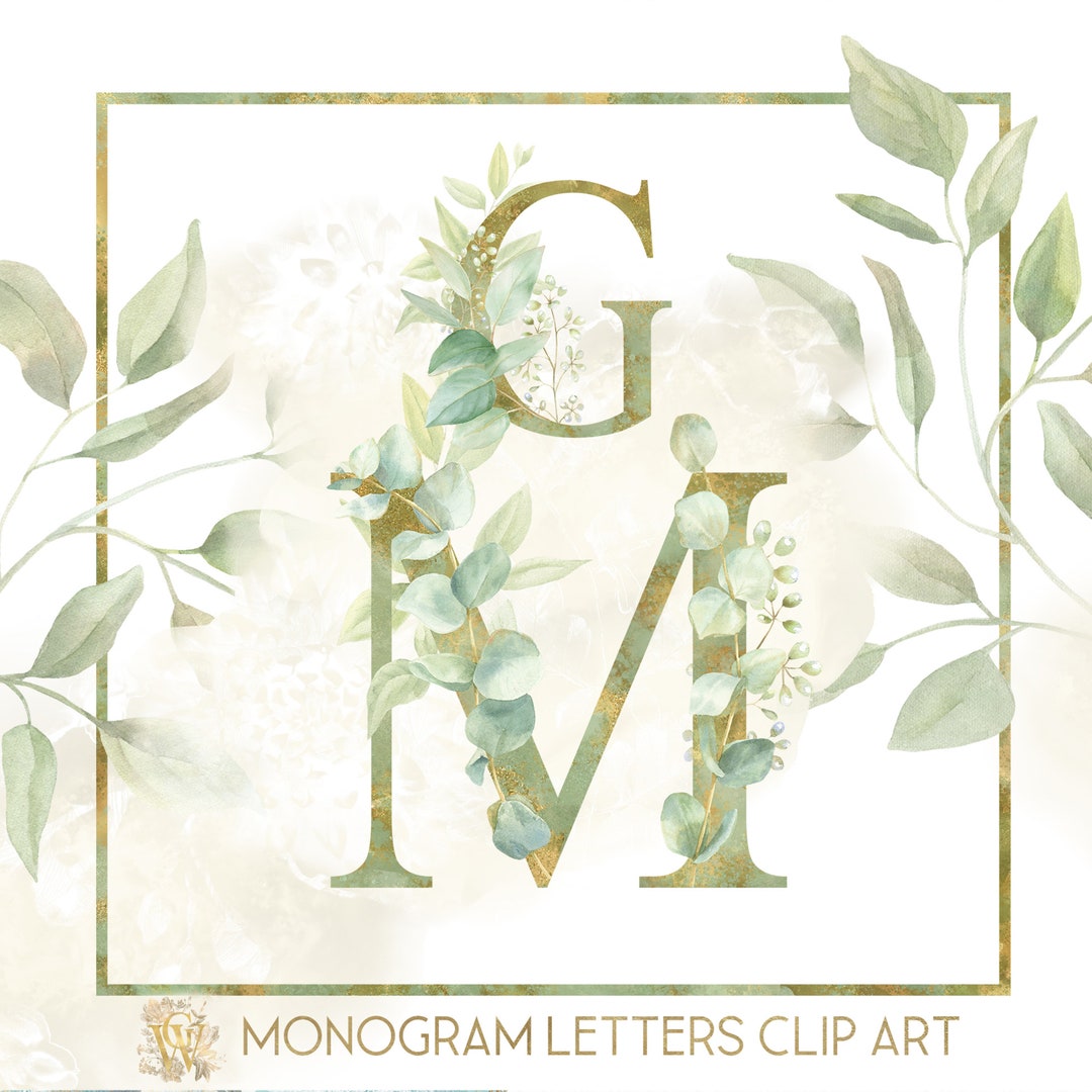 Watercolor Greenery Alphabet Clipart: Goldand Green Eucalyptus Monogram ...