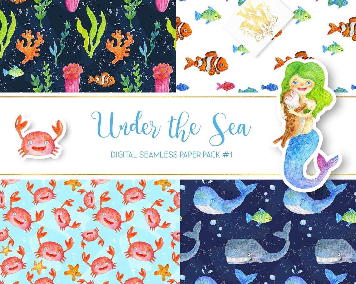 Watercolor Sea Ocean Digital Paper Kids Party Seamless | Etsy