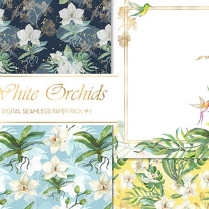 Tropical Flower Digital Paper Pack, Watercolor White Orchid, Wedding ...