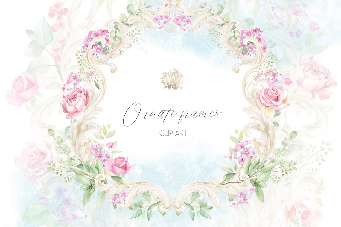 Watercolor Floral Frames Clip Art Pink Roses Clipart Baroque | Etsy