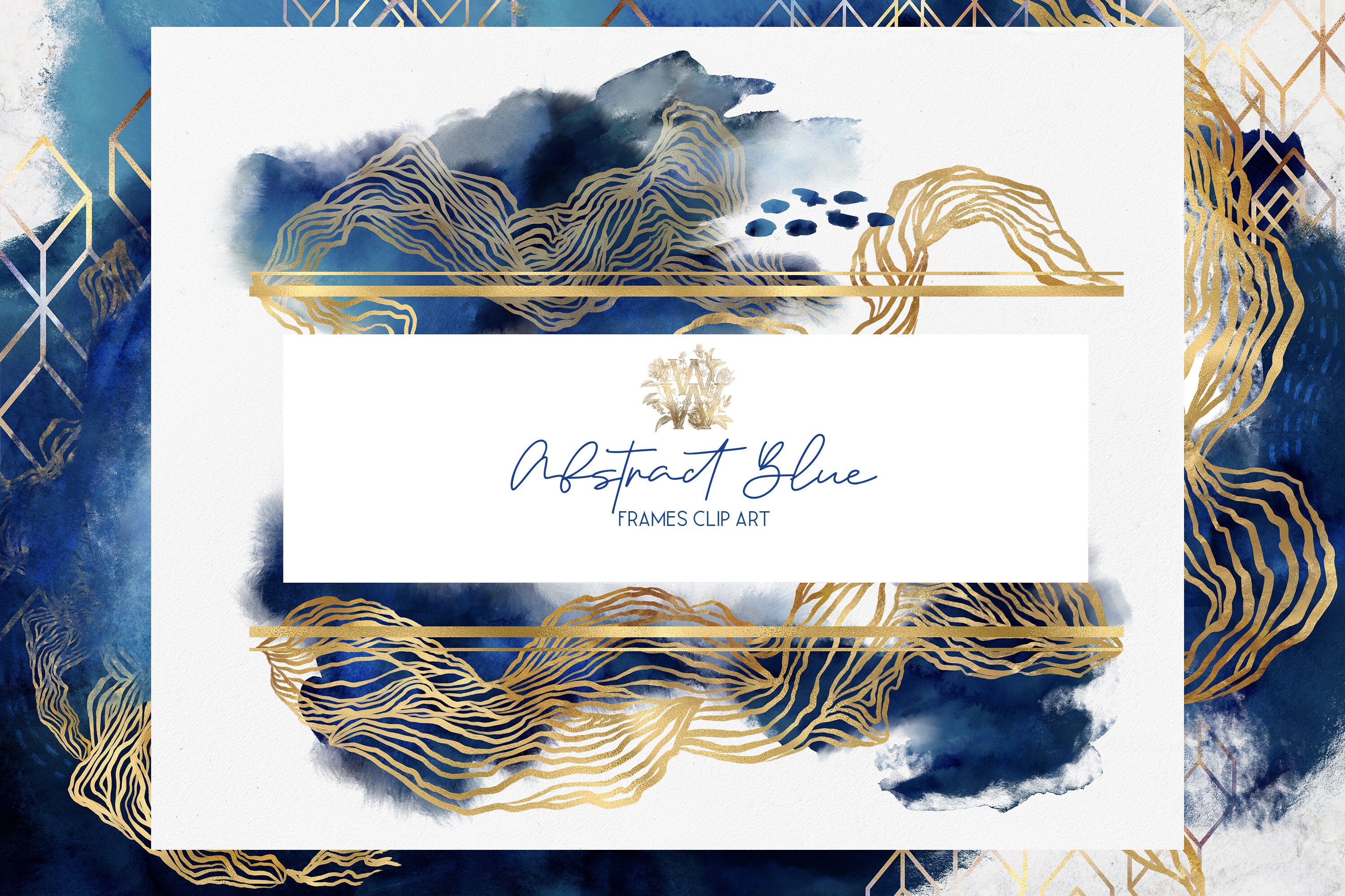 Watercolor blue and gold abstract frames clipart geometric | Etsy