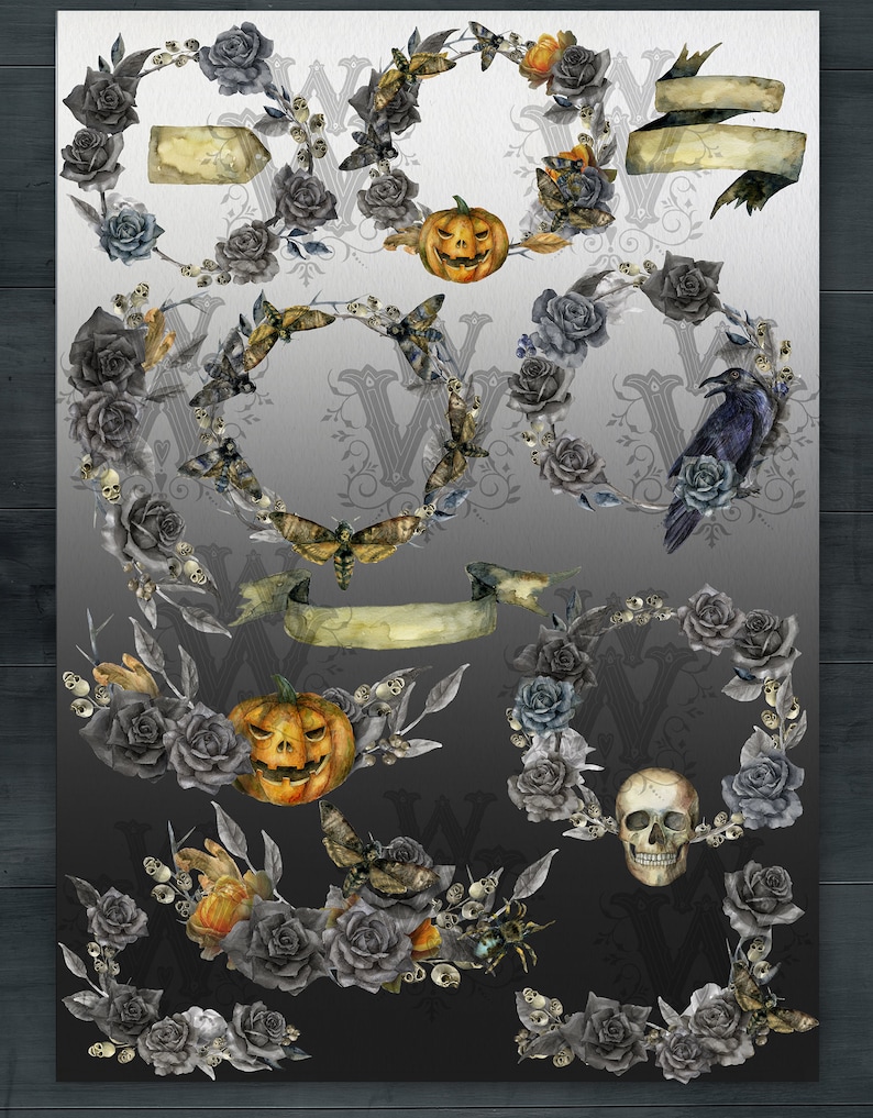 Spooky Halloween Watercolor Wreath Clipart: Gothic Roses, Raven, Moth ...