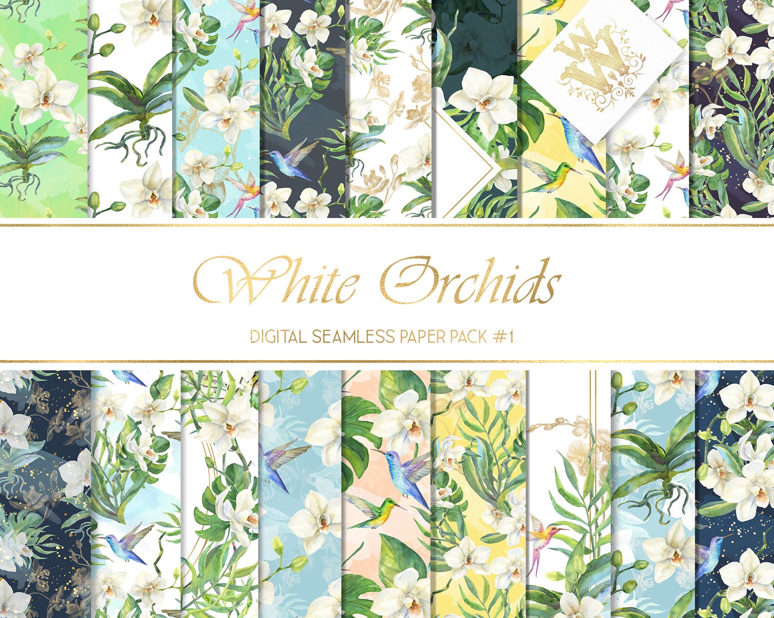 Tropical Flower Digital Paper Pack Watercolor White Orchid - Etsy