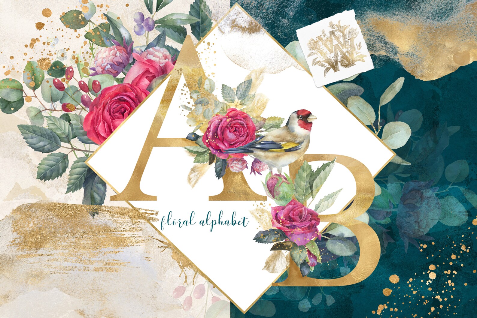 Watercolor Floral Alphabet Clipart Gold Letters Clip Art - Etsy UK