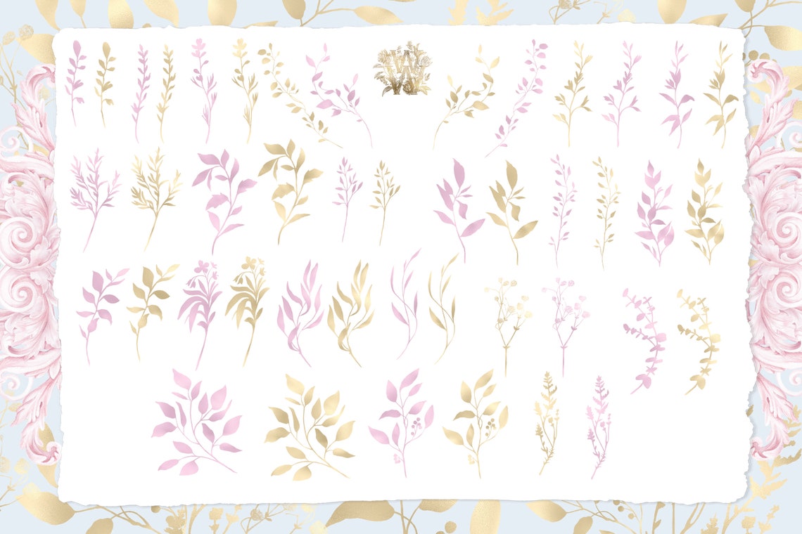 Watercolor Princess Clipart Bundle: Pink & Gold Baroque Ornaments (PNG ...