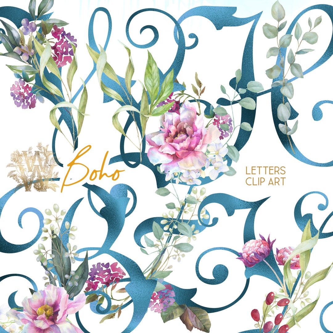 Blue Floral Alphabet Clipart, Boho Wedding Initials, Watercolor Peony ...