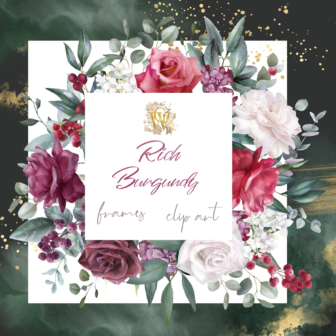 Red Rose Borders Clipart, Watercolor Frame Clip Art, Burgundy Floral ...