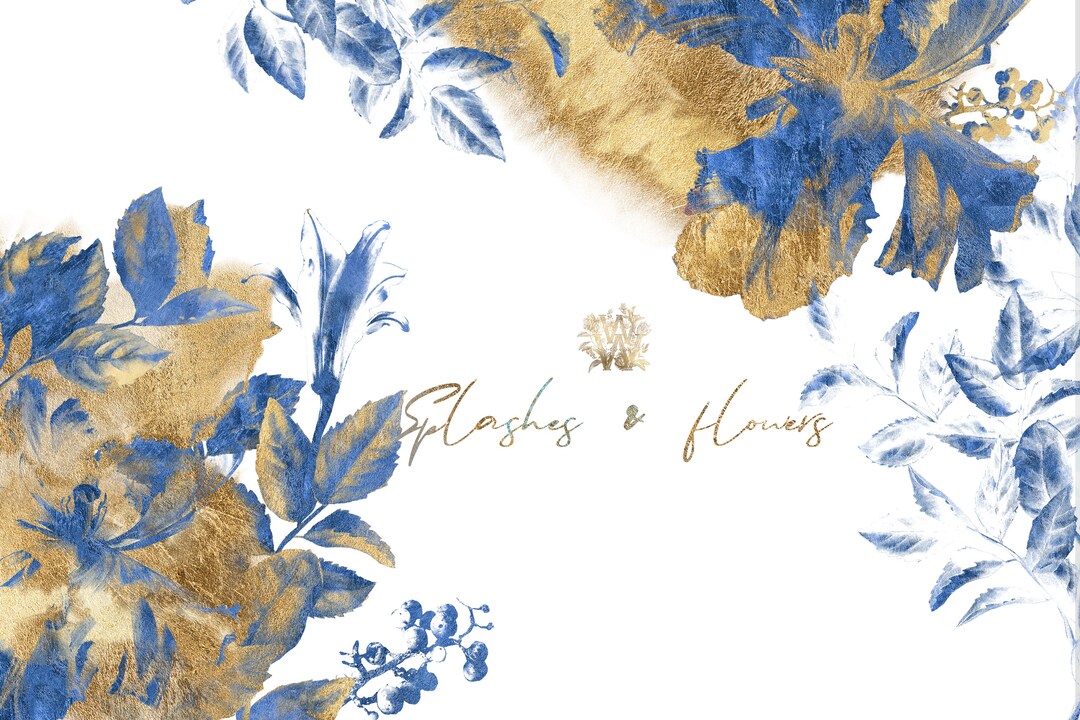 Gold and Blue Flower Clipart, Gold Foil Abstract Shapes Clip Art ...