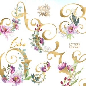 Gold Foil Floral Alphabet Clipart, Watercolor Flower Letters Clip Art ...