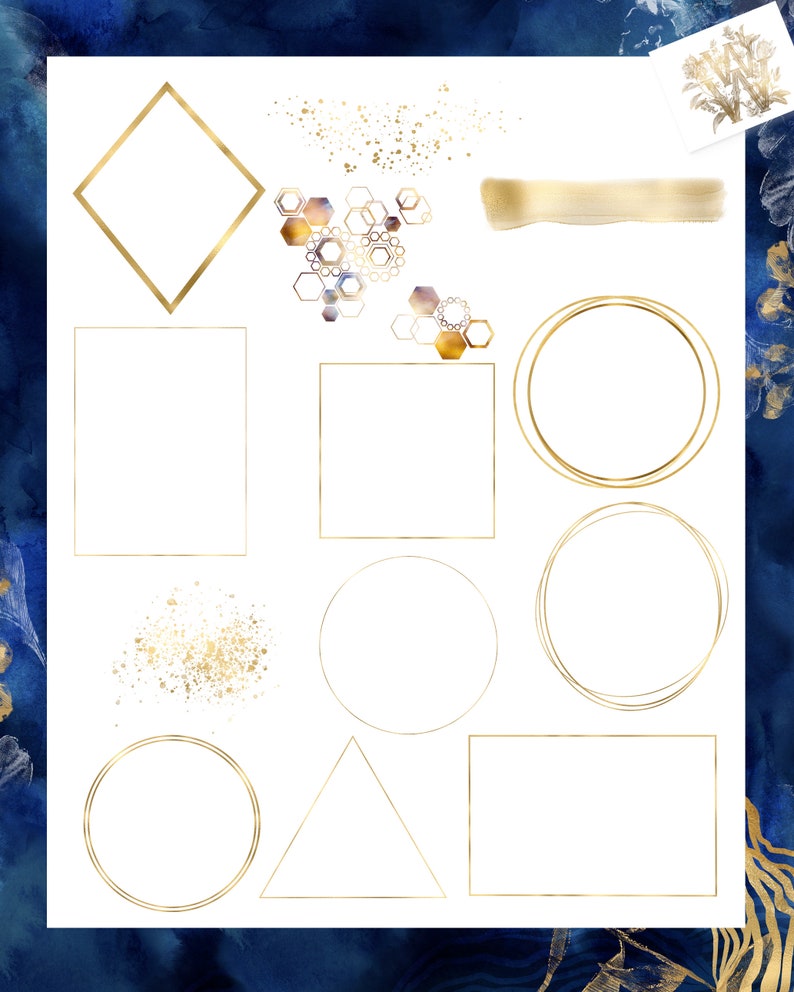 Blue and Gold Watercolor Shapes Clipart: Abstract Collage (digital ...