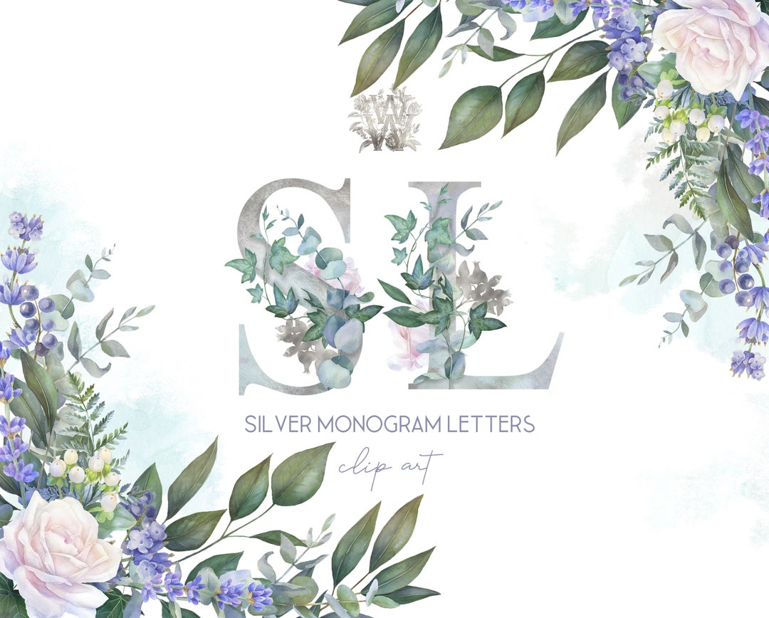 Floral Monogram Clip Art, Silver Wedding Initials Clipart, Watercolor ...