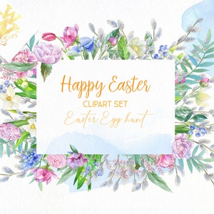 Watercolor Easter Clipart, Cute Spring Bunny Clip Art, Floral Wreath ...