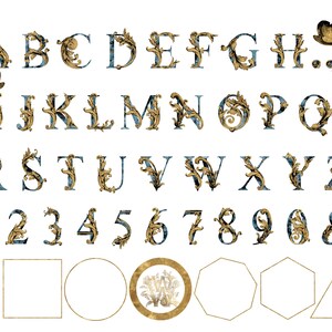 Golden Blue Medieval Alphabet Clipart, Luxury Gold Foil Monogram ...
