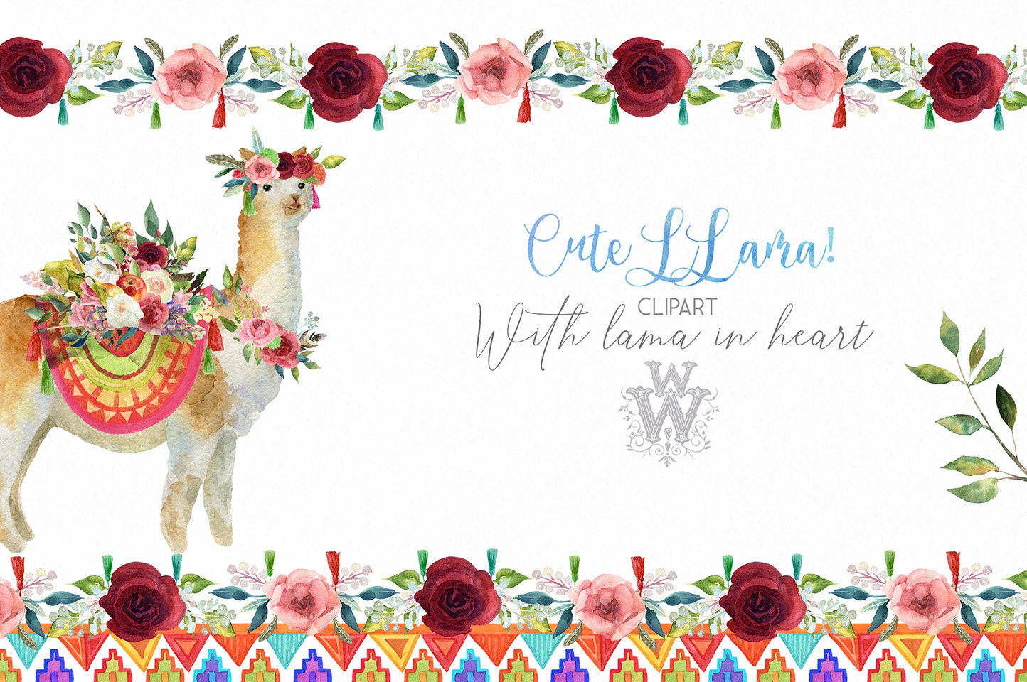 Llama Watercolor Alpaca Clipart Cute Animal Baby Shower Tribal - Etsy