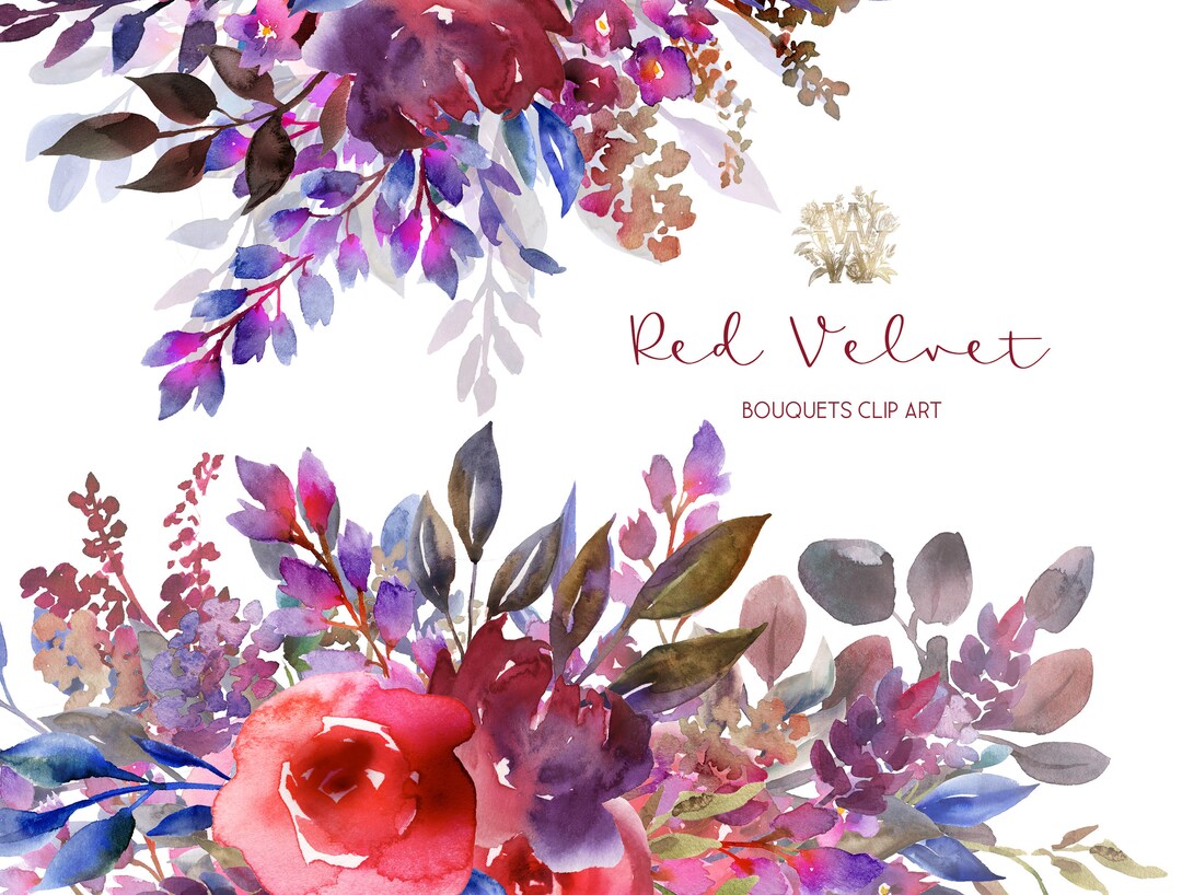Watercolor Red Rose Bouquets Clipart, Marsala Floral Wedding Clip Art ...
