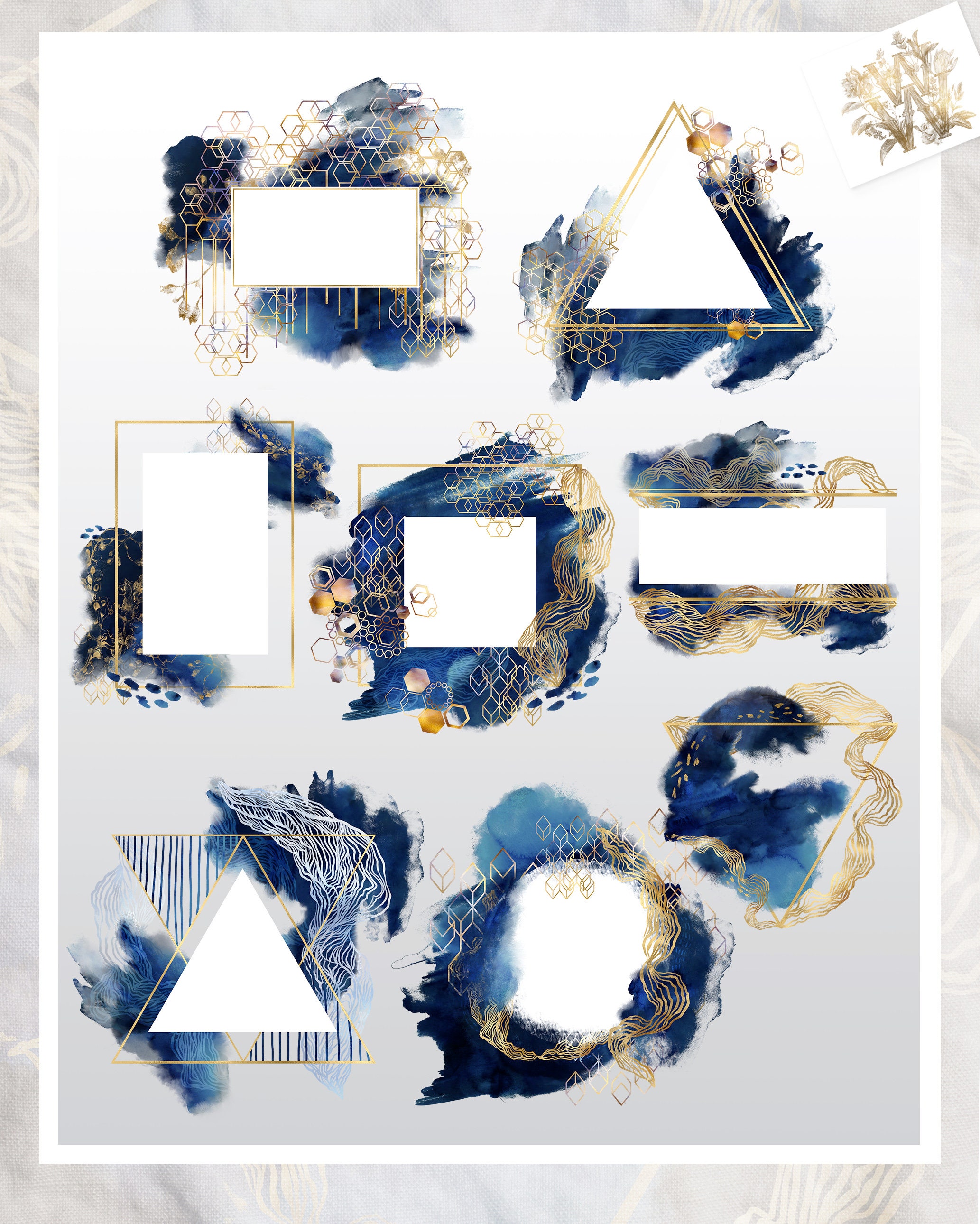Watercolor blue and gold abstract frames clipart geometric | Etsy