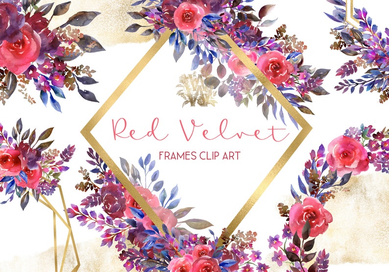 Watercolor Bordo Floral Frames Clipart Rustic Red Rose | Etsy
