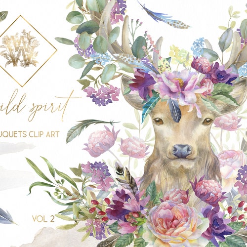 Floral Deer Antlers Watercolor Clipart PNG Wedding - Etsy