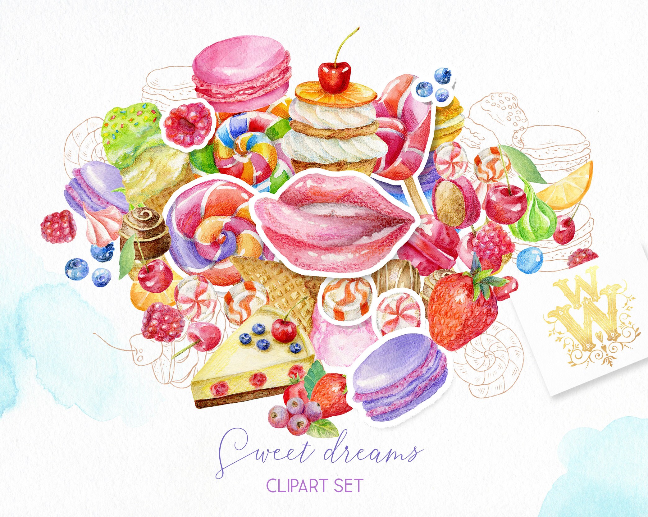 Watercolor Food Clipart Sweets Candy Cake Macaroon Clip Art - Etsy