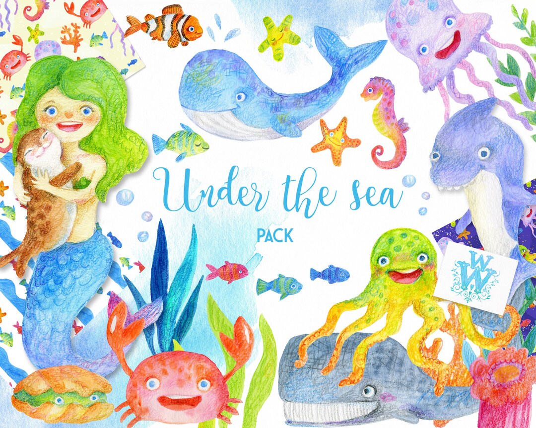 Watercolor Sea Creatures Clipart Cute Kids Mermaid Baby Shower Nautical ...