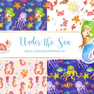 Watercolor Sea Ocean Digital Paper, Kids Party Seamless Backdrop ...