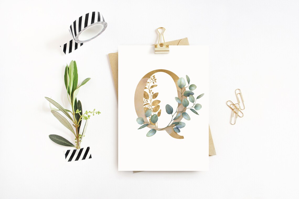 Eucalyptus Alphabet Watercolor Clipart Gold Floral Letters | Etsy Australia